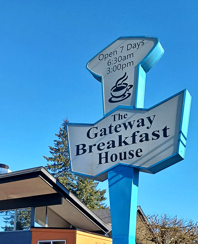 Morning or afternoon, that distinctive blue sign means classic diner fare awaits inside this neighborhood institution.