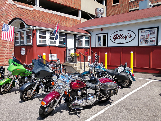 Where bikers and businesspeople break bread together! Gilley's classic diner aesthetic promises hot dogs worth crossing social boundaries for.