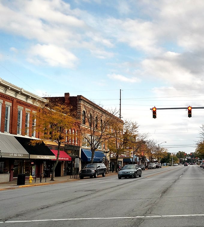 Brick buildings and blue skies create the perfect backdrop for Goshen's revitalized downtown shopping district.
