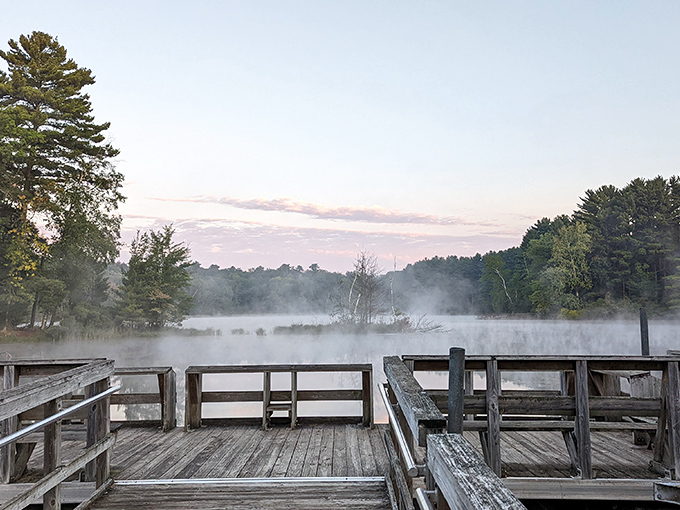 Morning mist dances across the lake at Hartman Creek, where even the fish wake up to a view this gorgeous.