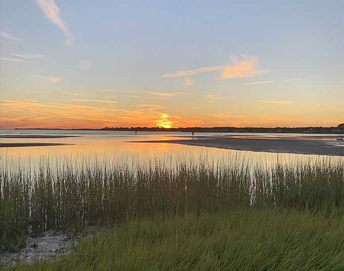 Where marsh grass meets endless sky, creating the kind of sunset that stops conversations and starts memories.