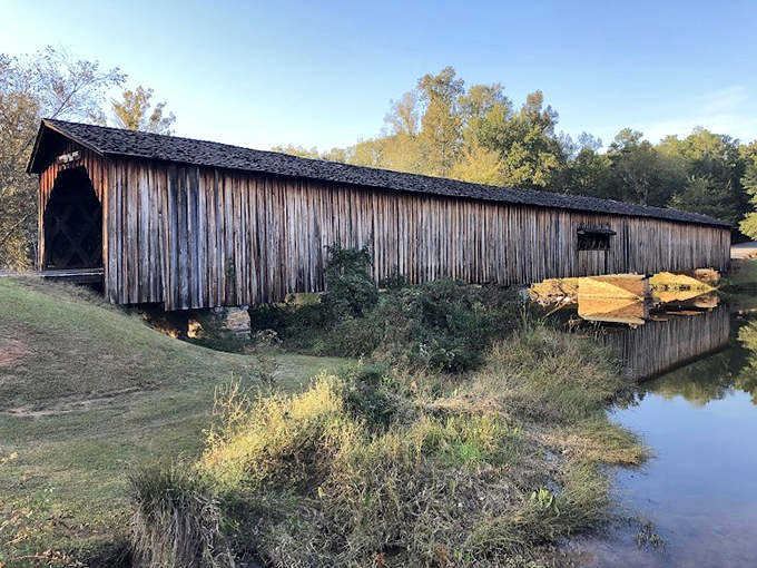 This historic covered bridge frames the perfect Georgia afternoon, where rushing water meets rustic architecture in perfect harmony.