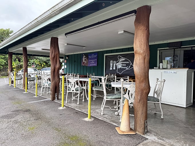 The covered outdoor seating at Honaunau Poke Shop feels like dining in old Hawaii &ndash; simple, authentic, and utterly delicious.