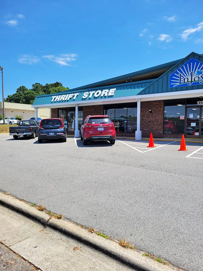 Sunshine and blue skies complement InJoy's welcoming storefront. Those parking spots fill quickly when word gets out about new inventory!