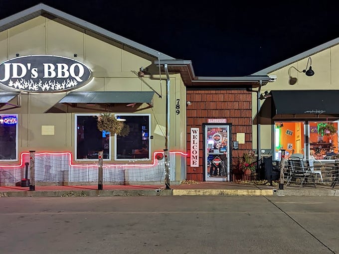 JD's at night transforms into a beacon of BBQ hope when you're hungry and nothing but smoke-kissed meat will do.
