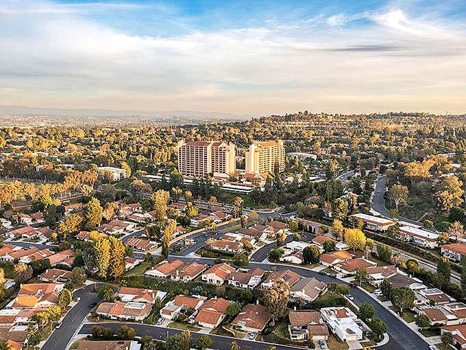 From above, Laguna Woods reveals itself as a peaceful haven, with neat neighborhoods nestled among Southern California's rolling terrain.