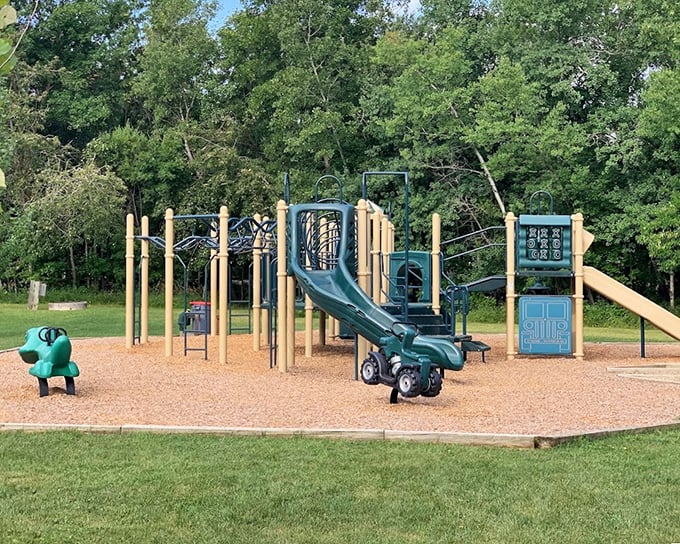 Modern playground equipment nestled in nature's embrace&mdash;where kids burn energy while parents recharge theirs.