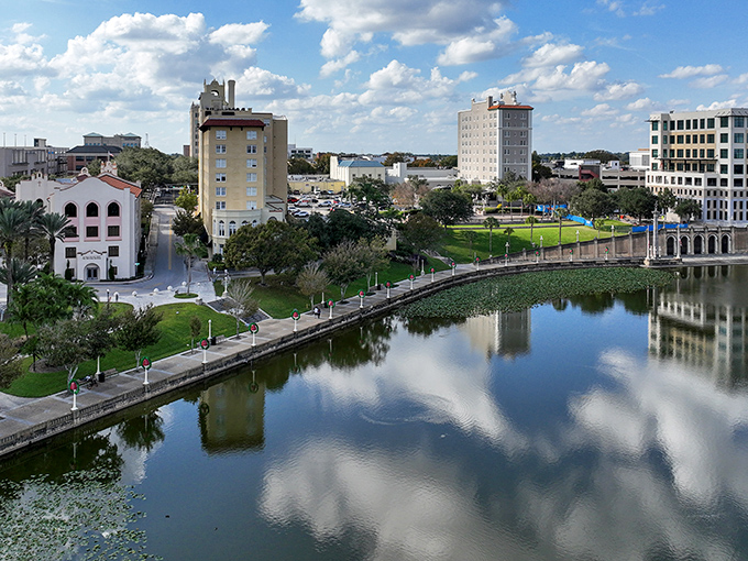 This sunny Lakeland waterfront scene captures Florida's small-town essence, where local businesses thrive in buildings with stories to tell.