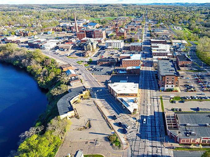From above, Menomonie reveals its perfect retirement geography &ndash; a walkable downtown nestled against the water, surrounded by rolling Wisconsin greenery.
