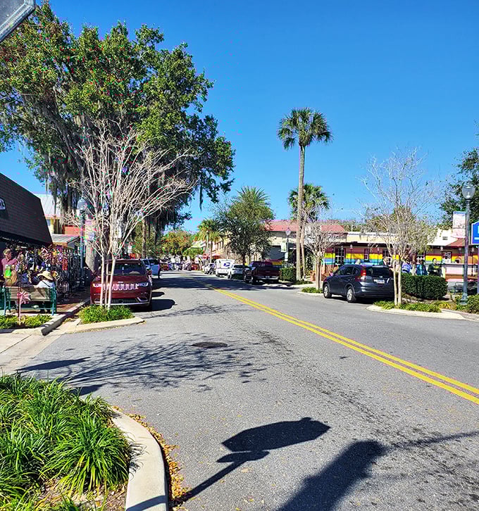 Bright blue skies hang over the sunny street, where moss-draped oaks and tall palm trees line the road of this vibrant, walkable town center.