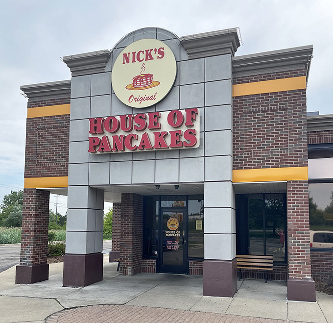 Nick's House of Pancakes (sign close-up): Pancake paradise found! This sign has guided more hungry morning travelers than GPS ever could.