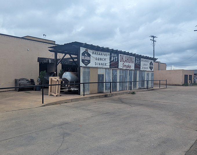 The weathered exterior of Oklahoma Smoke in Stockyards City tells stories of countless briskets smoked to perfection.