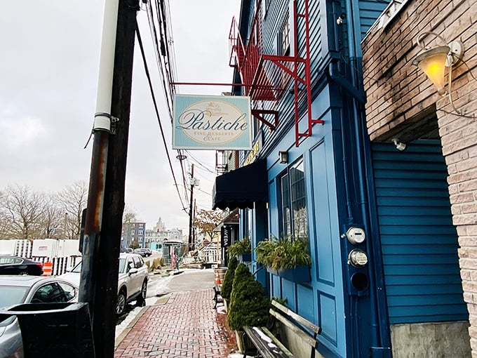 The charming sidewalk view of Pastiche - where calories don't count and chocolate dreams come true.