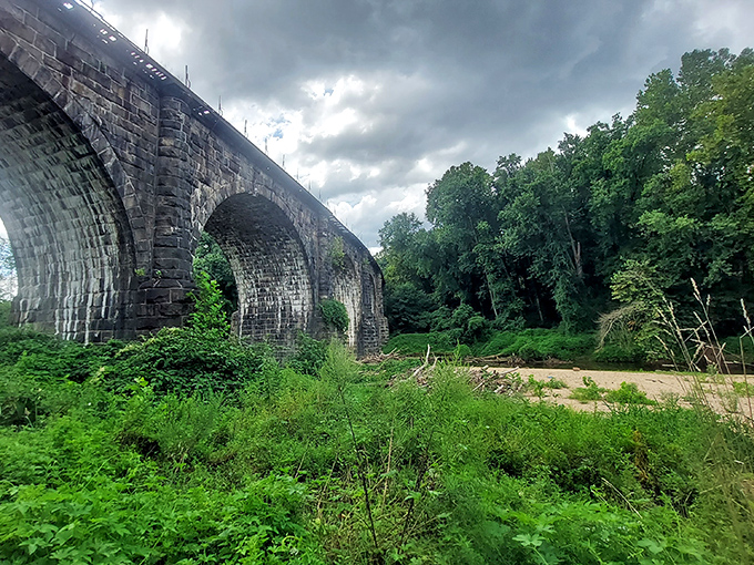 The Thomas Viaduct arches gracefully over Patapsco Valley, a stone testament to engineering that's stood the test of time.
