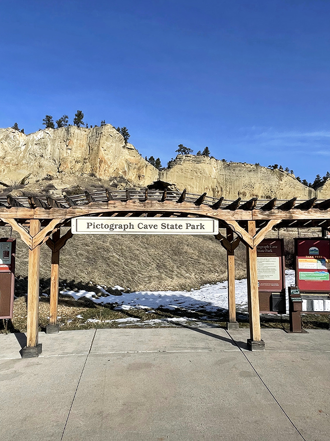 The welcoming entrance to Pictograph Cave State Park, where ancient rock art tells stories from thousands of years ago.