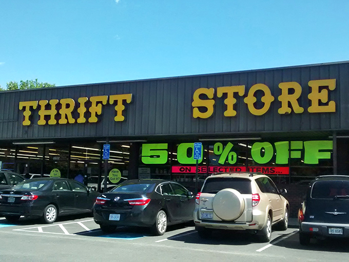 "50% OFF" flashes in neon green, turning Prime Thrift's already incredible deals into absolute steals for savvy shoppers.