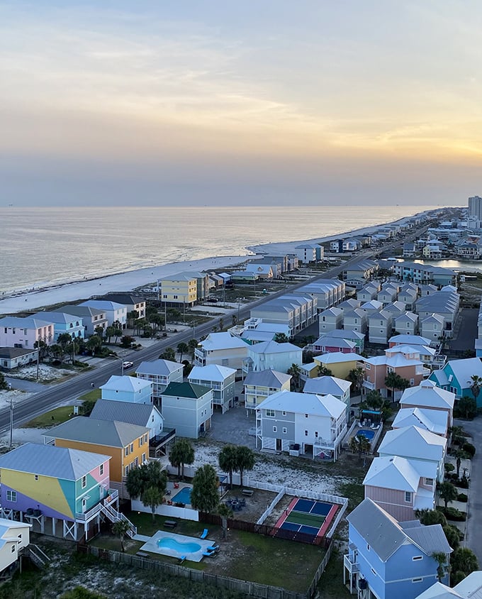 The pastel perfection of Gulf Shores from above. Beach houses lined up like a box of saltwater taffy!