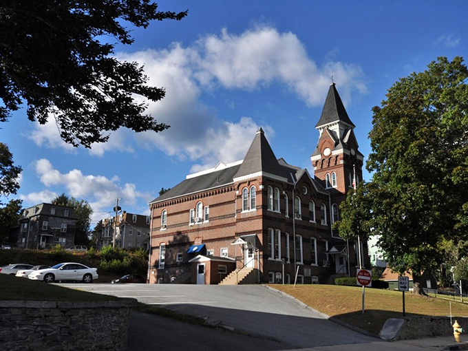 Warm afternoon sunlight highlights the towering brick facade of a classic Victorian municipal building, framed by dark green summer trees under a sky dotted with bright white clouds.