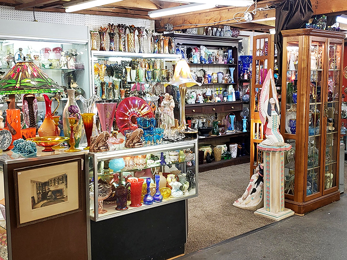 A kaleidoscope of colored glass and collectibles &ndash; where Depression glass and vintage lamps create a museum-worthy display of American craftsmanship.