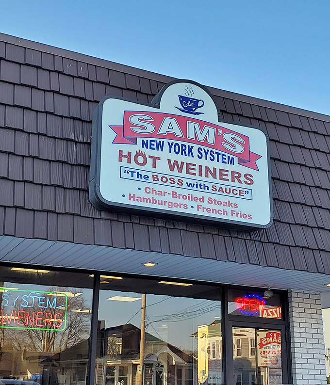 That vintage sign tells you everything you need to know&mdash;Sam's is serious about their New York System wieners.