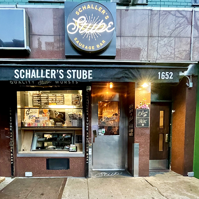 That illuminated sign is basically a bat signal for sausage lovers. Schaller's tiny window serves up enormous flavors!