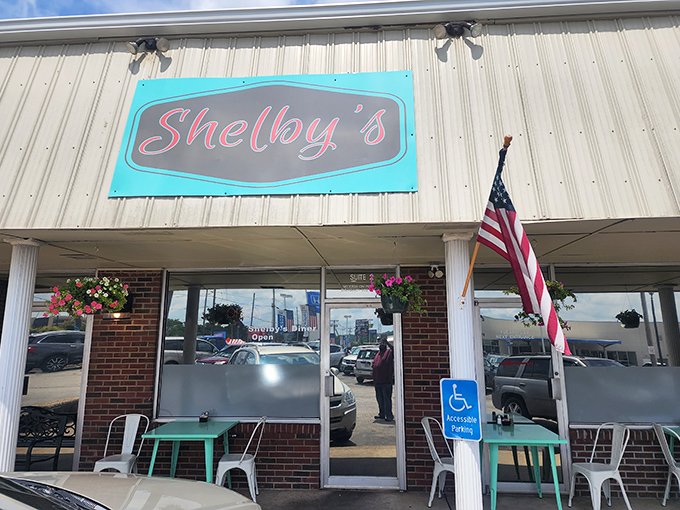 The turquoise Shelby's sign glows with the promise of hash browns that might make you weep with joy. Tissues not included.