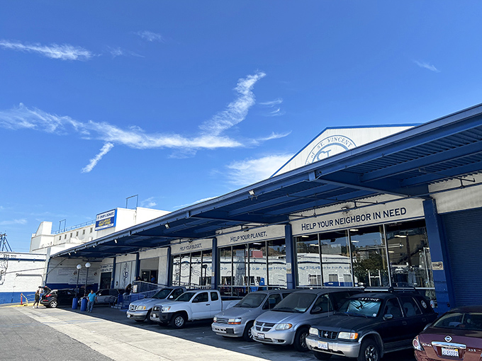 "Help your planet, help your neighbor in need" – this thrift store's mission statement is as clear as the California sky above.