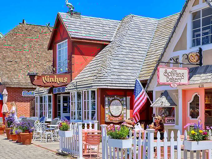Colorful storefronts in Solvang invite you to explore a slice of Denmark nestled improbably in California wine country.