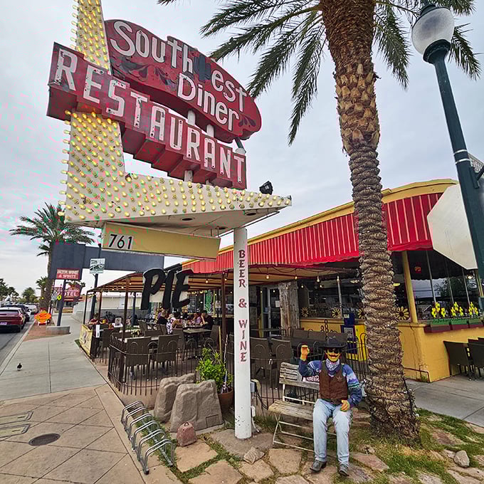 Palm trees and pancakes create the perfect Nevada morning at Southwest Diner. That sign isn't just illuminated&mdash;it's broadcasting breakfast joy to Boulder City!