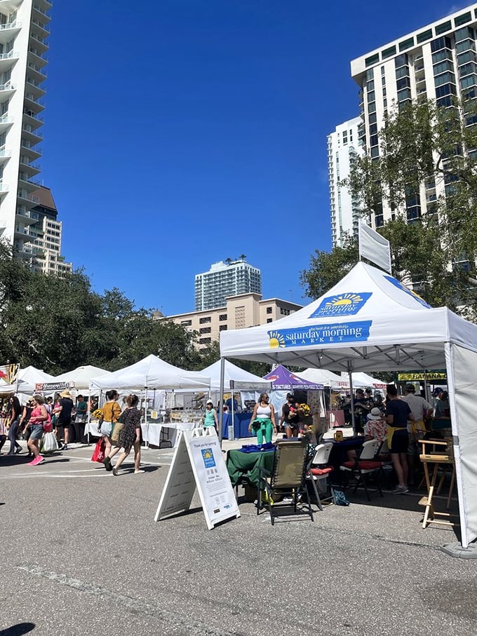 St. Pete&rsquo;s Saturday Morning Market brings big sunshine energy&mdash;towering city views, bustling tents, and local flavors that feel downright celebratory.