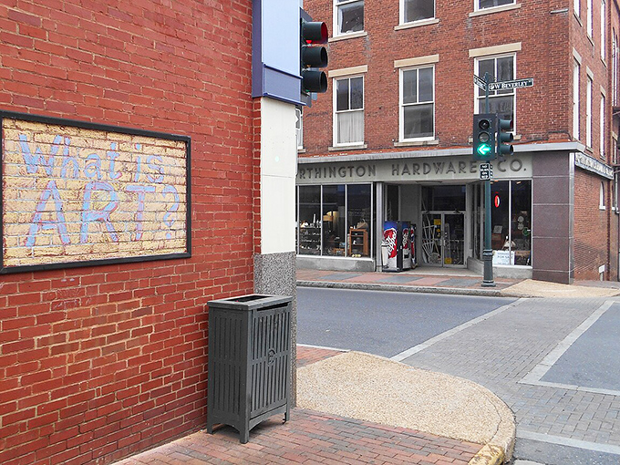 Staunton&rsquo;s downtown charm shines through its brick-lined streets and quirky local art&mdash;proof that even a simple street corner here knows how to spark curiosity and character.