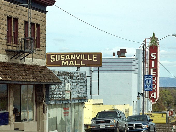 Susanville's main street showcases vintage signage and local businesses where affordable living remains a community priority.