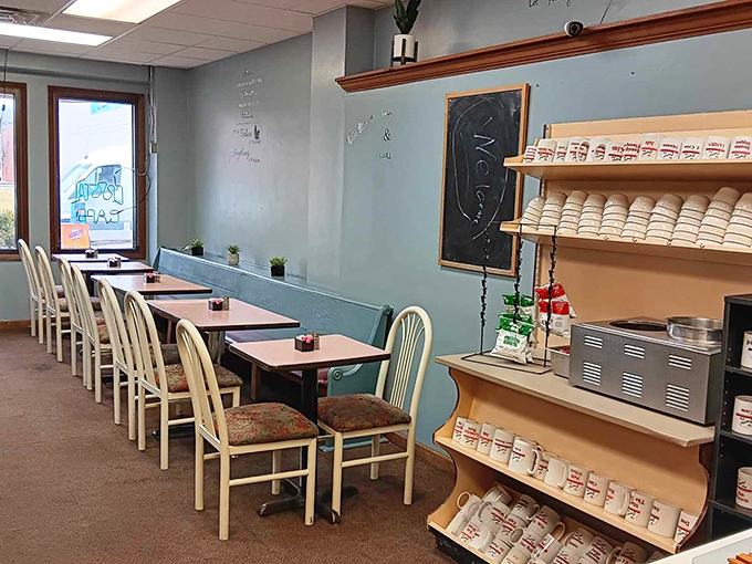 Inside Crystal Cafe, simple tables and chairs create the perfect stage for morning conversations and comfort food classics.