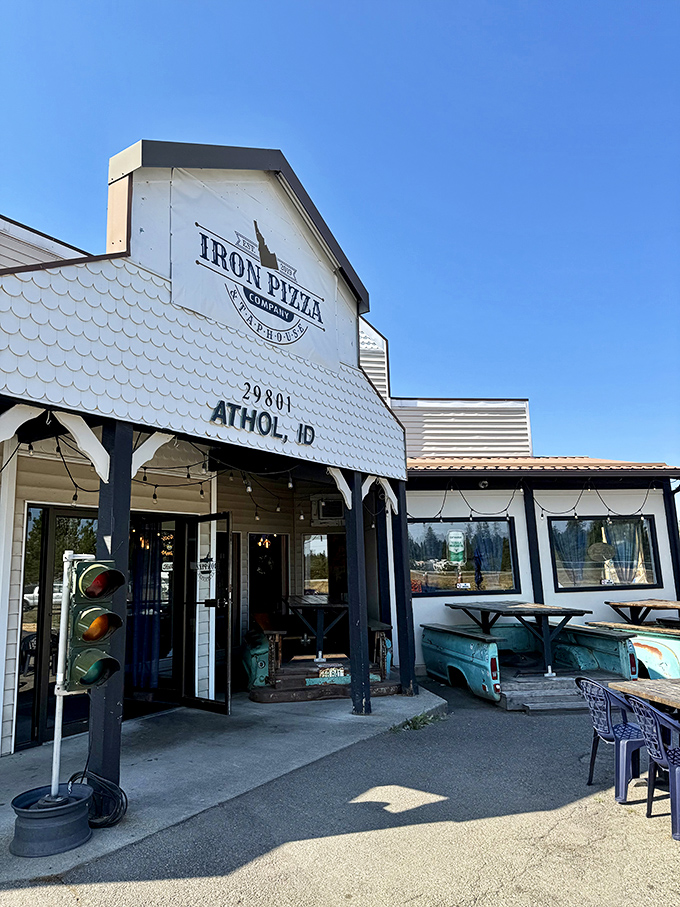 Where railroad history meets pizza perfection&mdash;The Iron Pizza Company's rustic exterior hints at the no-shortcuts approach they take with every pie.