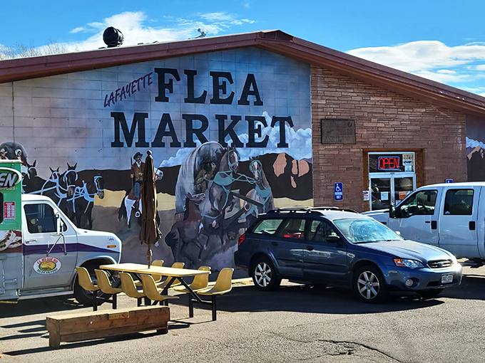 Lafayette Flea's inviting entrance! That bench outside isn't just for sitting&mdash;it's for catching your breath between discoveries.