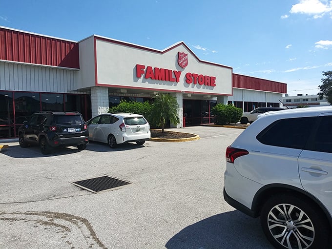 Morning light catches the Salvation Army sign &ndash; a promise of affordable treasures and community support under one roof.