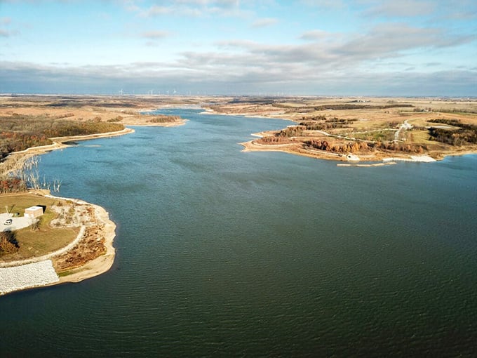 When the day winds down, this serene shoreline becomes pure magic under Iowa's endless sky.