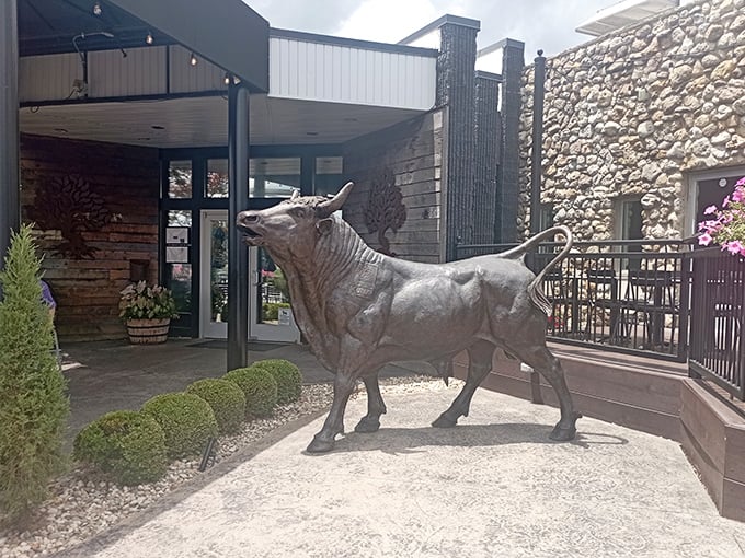 This bull isn't just sculpture&mdash;it's the guardian of flavor town. Standing proud like a meaty sentinel before steak paradise.