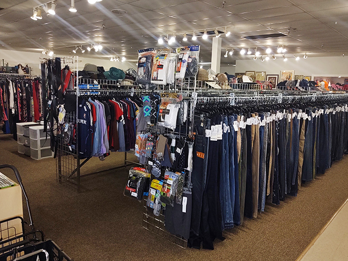 Bright fluorescent lights reveal endless possibilities hanging on every single rack throughout the spacious store.