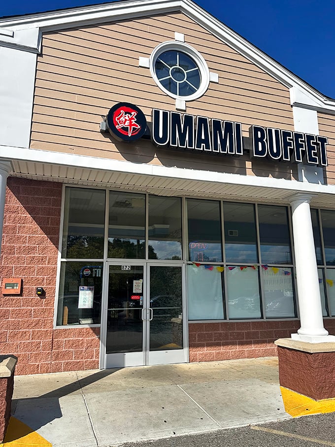 Bright blue skies complement this buffet's clean lines and welcoming entrance.