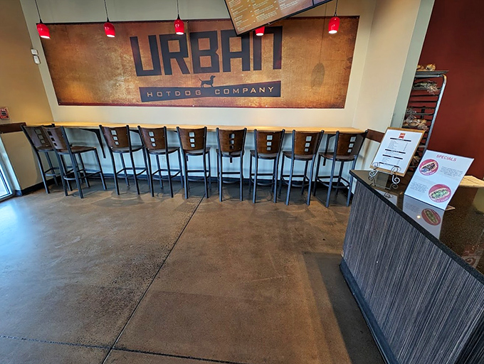 Bar seating and rustic-chic decor elevate the humble hot dog to new heights. This isn't your ballpark frank!