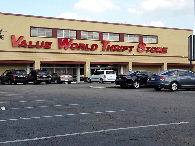 The vintage-style Value World building houses modern bargains in a spacious, well-organized layout.