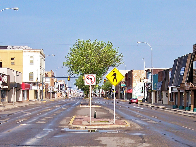 Wahpeton’s main street feels peaceful and familiar, lined with longtime shops and a bright central tree.