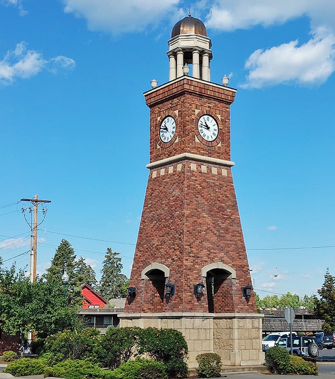 Whitefish&rsquo;s iconic clock tower sets the tone for a cozy ski-town vibe, where mountain adventure meets small-town warmth year-round.
