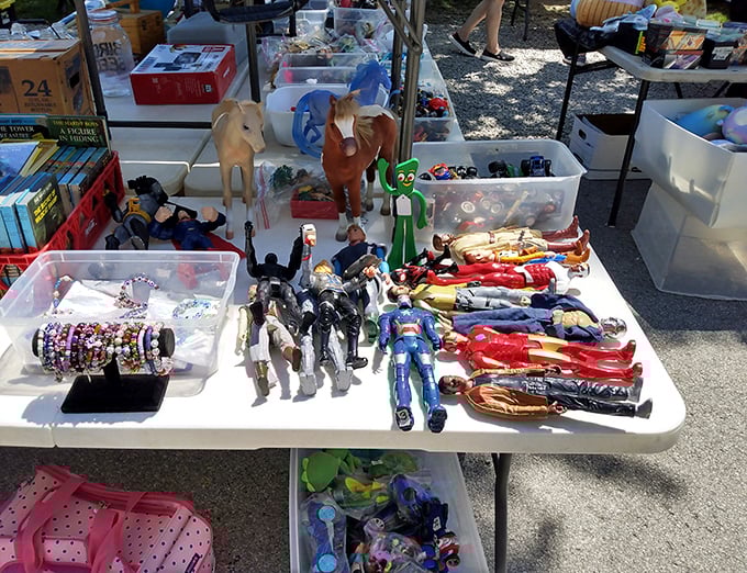 Yesterday's heroes lined up for duty. Action figures from different eras stand ready for a second chance at adventure.