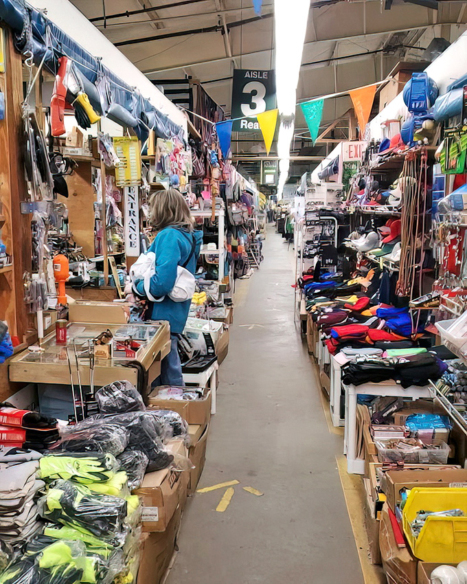 Aisle 3 stretches into infinity, a canyon of possibilities. Colorful pennants overhead mark your path through this indoor treasure labyrinth.