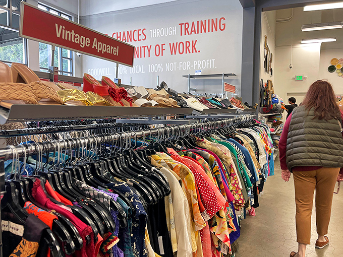 Vintage apparel section where polyester meets possibility and shoulder pads refuse to surrender their glory days.