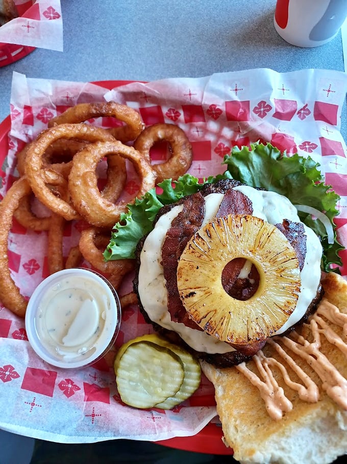 The Aloha Burger brings tropical flair with grilled pineapple and savory beef – Hawaii meets the heartland.