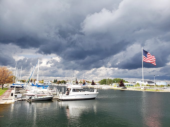 Peaceful marina where boat slips cost less than a city parking space elsewhere. 