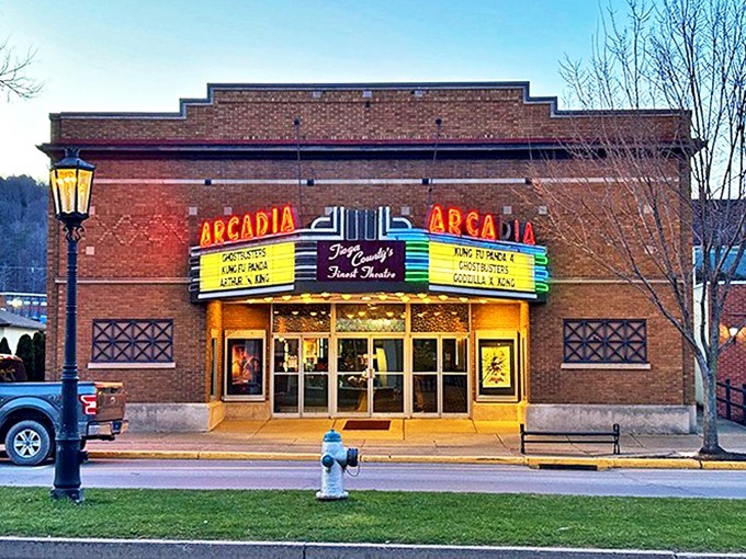 The Arcadia Theatre's neon marquee lights up downtown nights, proving single-screen theaters still deliver movie magic better than any 24-plex at the mall ever could.